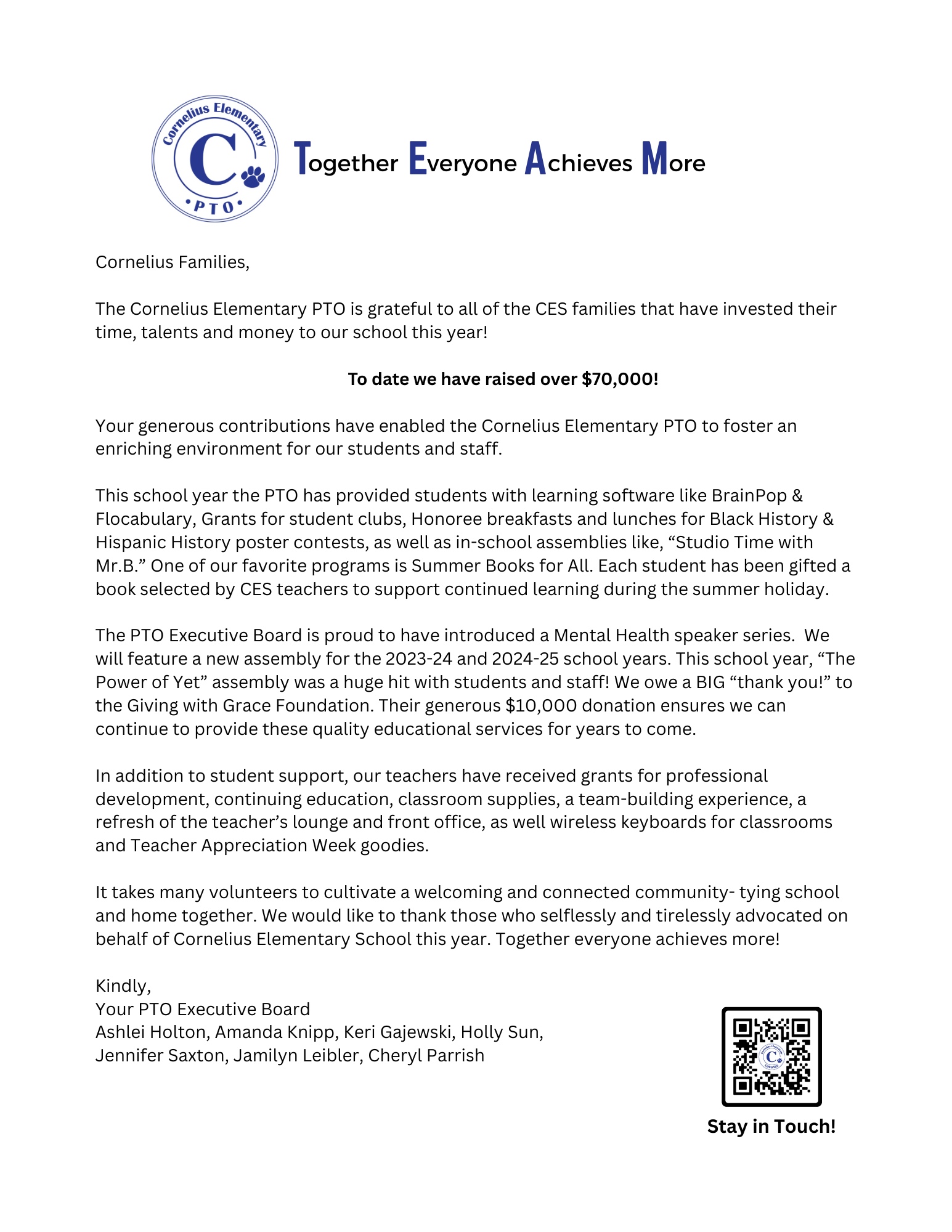 A Letter from Your PTO – Cornelius Elementary PTO | Supporting our ...
